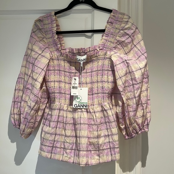 Ganni | Tops | Ganni Shirred Checked Organic Cottonblend Seersucker Top ...